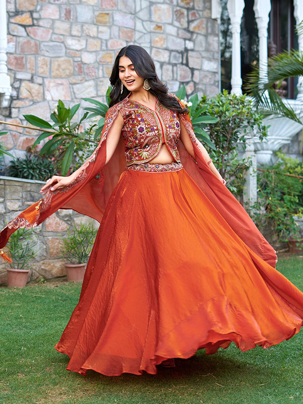 Rust Orange Sequence Thread Work Fendy Silk Lehenga Choli With Shrug ...